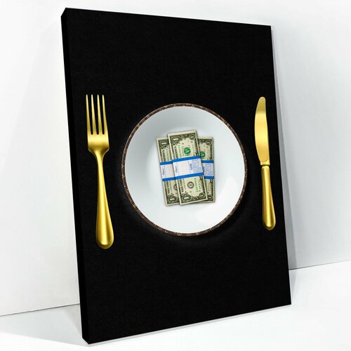Картина Тарелка с Долларами на столе на холсте 30х40см
