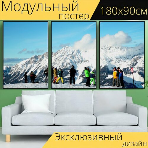 Модульный постер "Зимний пейзаж, горы, панорама" 180 x 90 см. для интерьера