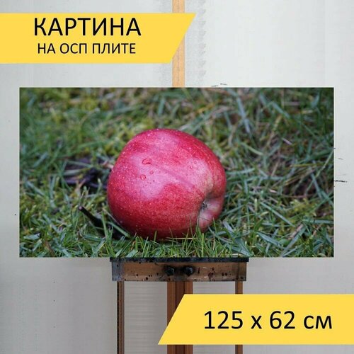 Картина на ОСП 125х62 см. "Красный, яблоко, трава" горизонтальная, для интерьера, с креплениями