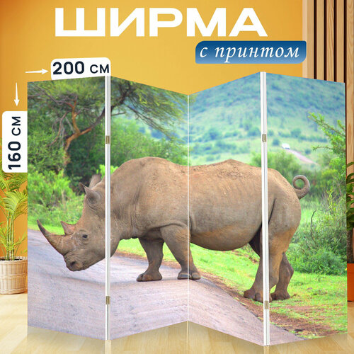 Ширма перегородка с принтом "Носорог, дикая природа, животное" на холсте - 200x160 см. для зонирования, раскладная