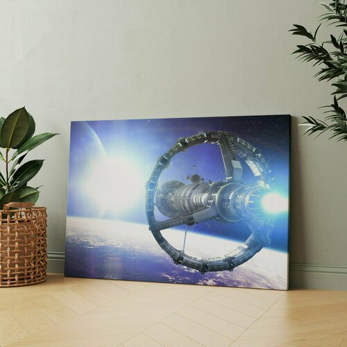 Картина на холсте (космический корабль в экран в иллюминаторе фантастика орбита) 80x100 см/для интерьера/в комнату/на стену/в подарок