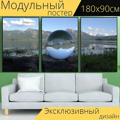 Модульный постер "Стеклянный шар, сферическое изображение, пуля" 180 x 90 см. для интерьера