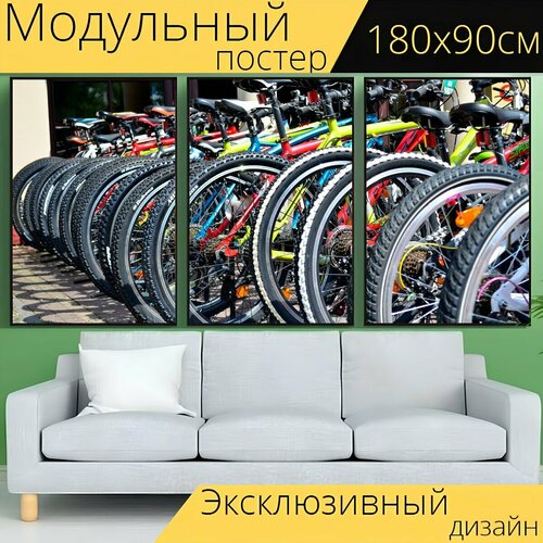 Модульный постер "Велосипеды, цвет, шины" 180 x 90 см. для интерьера