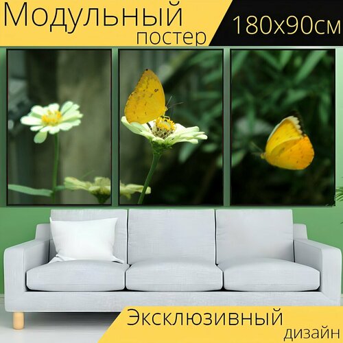 Модульный постер "Цветок, бабочка, завод" 180 x 90 см. для интерьера