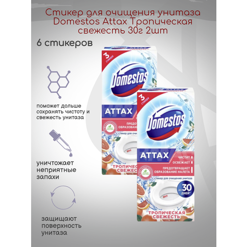 Стикер для очищения унитаза Domestos Attax Тропическая свежесть (30 г) , 2шт