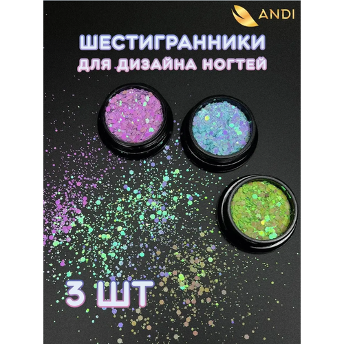ANDI Набор для дизайна ногтей шестигранники с голографическим эффектом Flower Garden №2