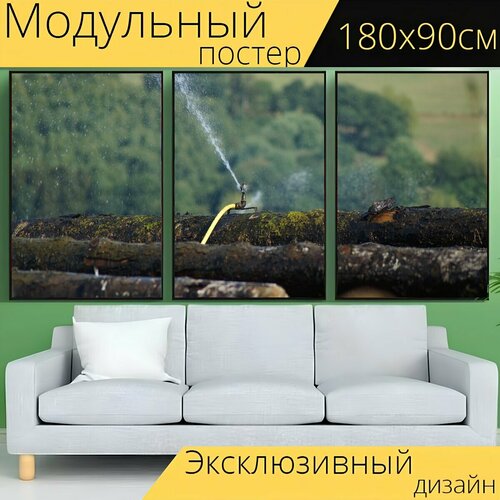 Модульный постер "Лесопилка, деревянные сундуки, древесина" 180 x 90 см. для интерьера