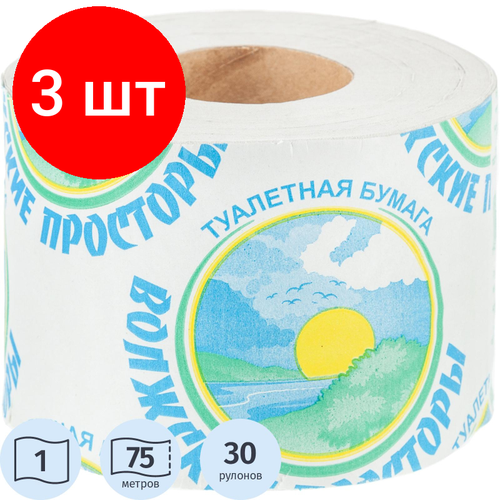 Комплект 3 упаковок, Бумага туалетная 1сл серая втул 75м 30рул/уп