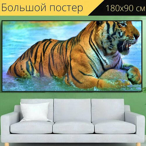 Большой постер "Тигр, вода, камень" 180 x 90 см. для интерьера