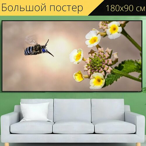 Большой постер "Черничная пчела, цветы, полет" 180 x 90 см. для интерьера