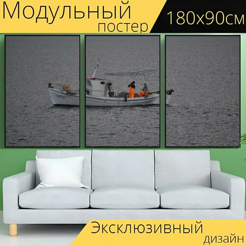 Модульный постер "Коринфский канал, рыбаки, лодка" 180 x 90 см. для интерьера