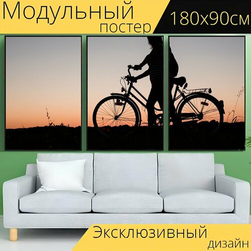 Модульный постер "Девочка, велосипед, заход солнца" 180 x 90 см. для интерьера