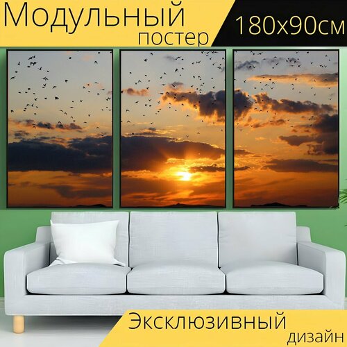 Модульный постер "Заход солнца, природа, небо" 180 x 90 см. для интерьера