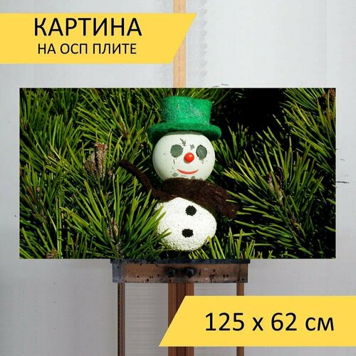 Картина на ОСП 125х62 см. "Снеговик, праздничный, орнамент" горизонтальная, для интерьера, с креплениями