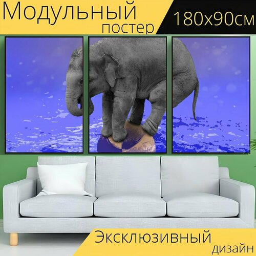 Модульный постер "Слон, мяч, младенец" 180 x 90 см. для интерьера
