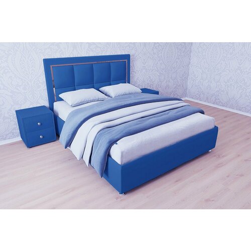 Двуспальная кровать Вирджиния 180x200 основание металлическое с ламелями велюр синий ножки 13 см хром