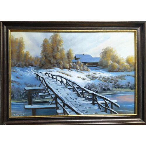 Пейзаж "Зимний пейзаж с мостиком" картина маслом, холст46*64 см, ручная работа, Соснина Татьяна.