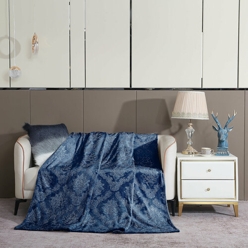 Плед 150х200 1.5-спальный Cleo Parma синий, покрывало на кровать и диван пушистое с рисунком, велсофт