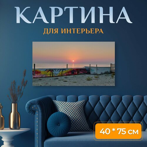 Картина на холсте "Море, заход солнца, небо" на подрамнике 75х40 см. для интерьера