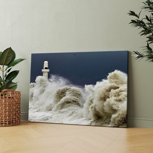 Картина на холсте (Маяк, окруженный волнами, и летящая над ним птица) 50x70 см. Интерьерная, на стену.