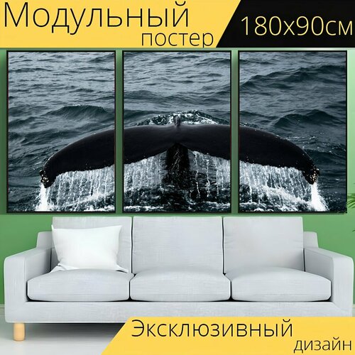 Модульный постер "Кит, хвостик, океан" 180 x 90 см. для интерьера