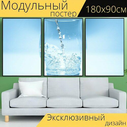 Модульный постер "Стекло, вода, подпрыгивая капли" 180 x 90 см. для интерьера