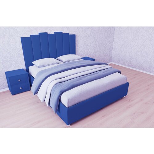 Двуспальная кровать Джульетта 180x200 с подъемным механизмом и с коробом для белья велюр синий ножки 13 см хром