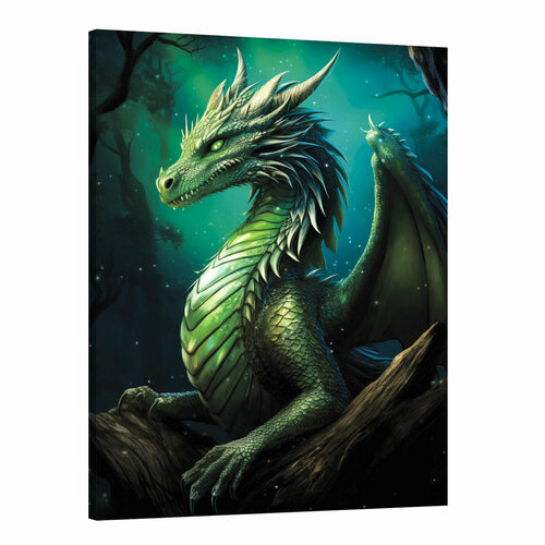 Интерьерная картина 50х70 "Зеленый деревянный дракон в лунном свете"
