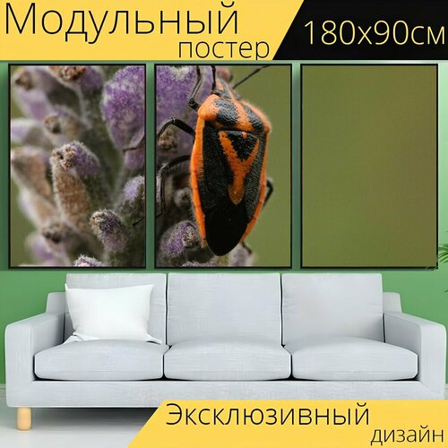 Модульный постер "Лаванда, жук, жук" 180 x 90 см. для интерьера