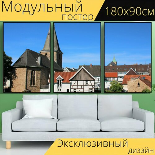 Модульный постер "Церковь, пейзаж, природа" 180 x 90 см. для интерьера