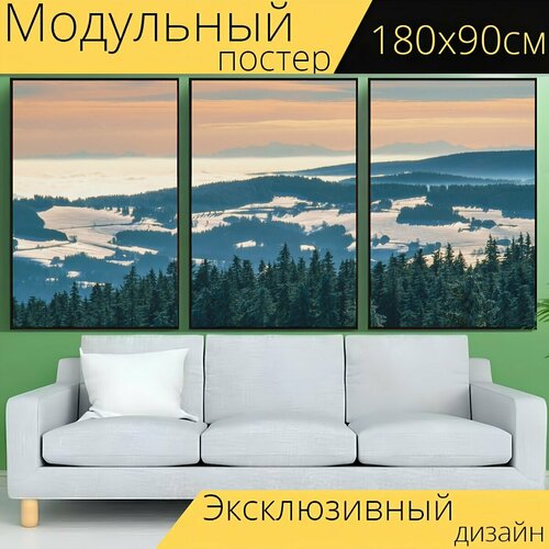 Модульный постер "Зимний пейзаж, черный лес, пейзаж" 180 x 90 см. для интерьера
