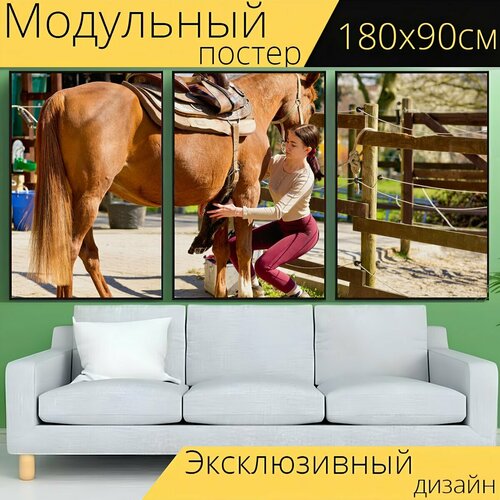 Модульный постер "Лошадь, седлать, седло" 180 x 90 см. для интерьера