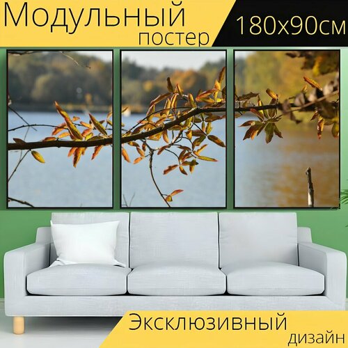 Модульный постер "Осень, веточка, листья" 180 x 90 см. для интерьера