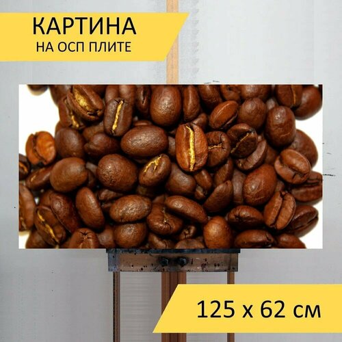 Картина на ОСП 125х62 см. "Кофе, кофейные зерна, кофеин" горизонтальная, для интерьера, с креплениями