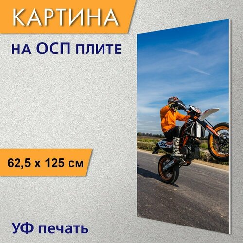 Вертикальная картина на ОСП "Мотоцикл, вилли, дорога" 62x125 см. для интерьериа
