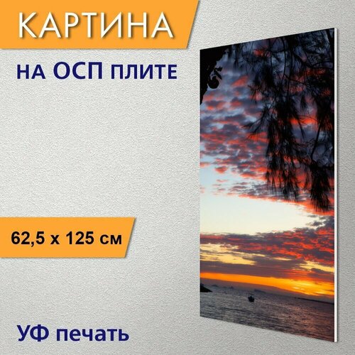 Вертикальная картина на ОСП "Заход солнца, море, облака" 62x125 см. для интерьериа