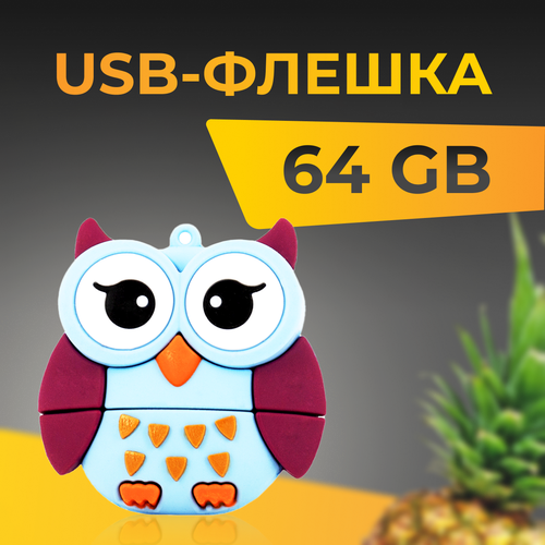 USB Флеш-накопитель 64 ГБ для компьютера и ноутбука / Оригинальная подарочная ЮСБ флешка для ПК / Сувенирная флешка 64 GB / Сова голубая