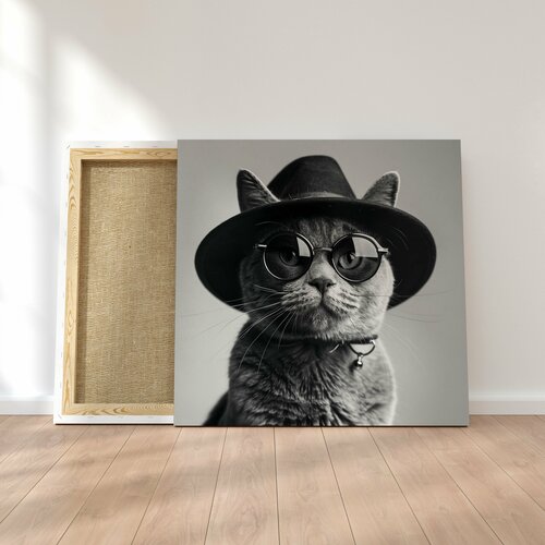 Интерьерная картина на натуральном холсте - Кот в шляпе и очках, 70 х 70 см.