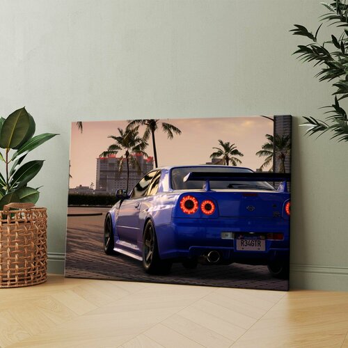 Картина на холсте (Синяя машина, припаркованная на кирпичной дороге) 60x80 см. Интерьерная, на стену.