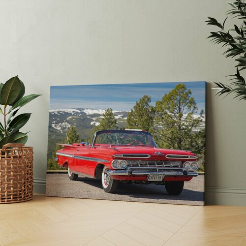 Картина на холсте "Красный классический автомобиль, припаркованный на стоянке" 40x60 см. Интерьерная, на стену.