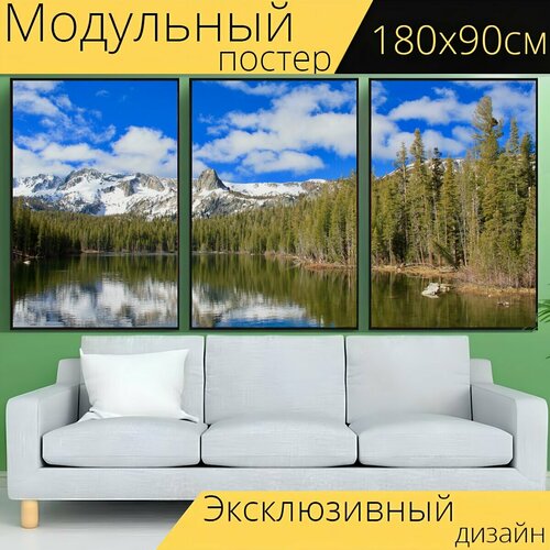 Модульный постер "Отражение, озеро, лес" 180 x 90 см. для интерьера