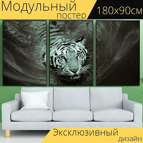 Модульный постер "Тигр, черное и белое, чернить" 180 x 90 см. для интерьера