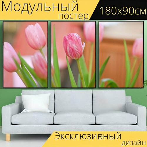 Модульный постер "Тюльпаны, цветы, лепестки" 180 x 90 см. для интерьера