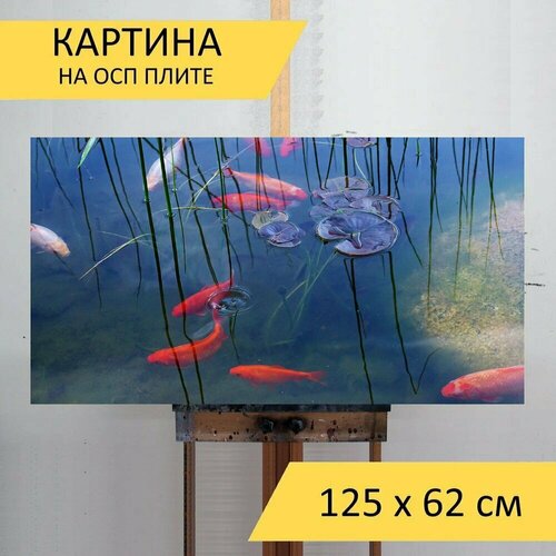 Картина на ОСП 125х62 см. "Золотая рыбка, рыбы, золото" горизонтальная, для интерьера, с креплениями