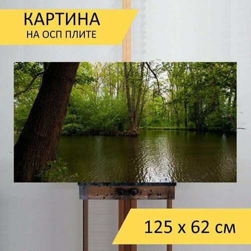 Картина на ОСП 125х62 см. "Пейзаж, озеро, деревья" горизонтальная, для интерьера, с креплениями