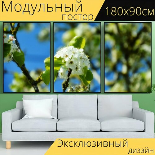 Модульный постер "Вишня, дерево, весна" 180 x 90 см. для интерьера
