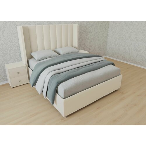 Двуспальная кровать Женева 140x200 с подъемным механизмом и с коробом для белья велюр белый ножки 5 см