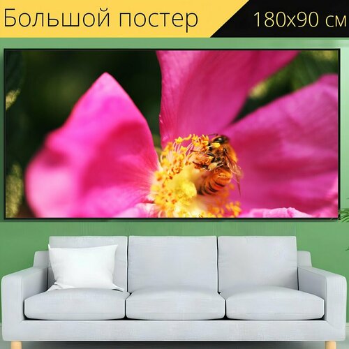 Большой постер "Соответствующий цветок, пчела, цветок и пчела" 180 x 90 см. для интерьера