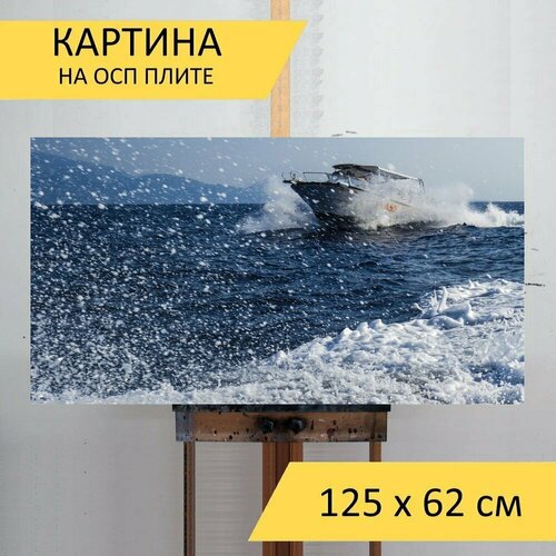 Картина на ОСП 125х62 см. "Быстроходный катер, лодка, вода" горизонтальная, для интерьера, с креплениями