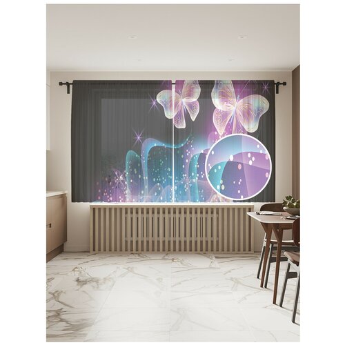 Тюль для кухни и спальни JoyArty "Праздничная подсветка", 2 полотна со шторной лентой шириной по 145 см, высота 180 см. Черный, голубой, коралловый